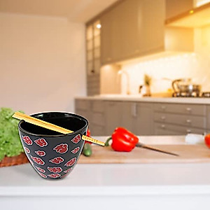 JUST FUNKY Naruto Shippuden Ramen Bowl with Chopsticks | 16 oz Ceramic Soup Mug | Featuring TheIconic Akatsuki Cloud Symbol | Anime Chopsticks | Kitchen Deco | Officially Licensed