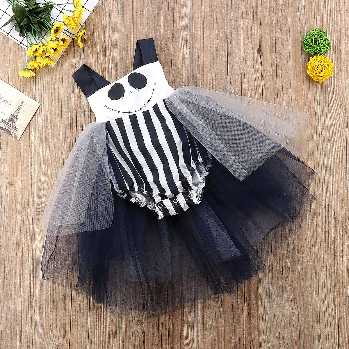 Lamuusaa Newborn Infant Toddler Baby Girl Halloween Smile Romper Tank Top Bodysuit Halter Bowknot Jumpsuit Tutu Dress (70/0-6M, Black+White)