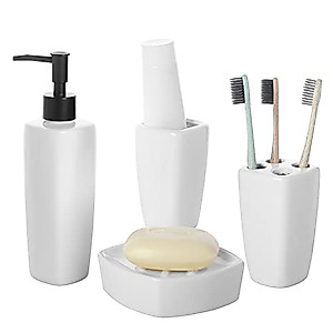 MyGift 4 Piece Ceramic White Bathroom Accessories Set Includes Lotion Dispenser with Matte Black Pump, Toothbrush Holder, Tumbler and Soap Dish