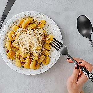 OIULO Pattern Matte Silverware Set for 8,40-Piece Gothic Matte Black Flatware set,Unique Pattern Design,Satin Finish Cutlery for 8,Halloween Skull Tableware Utensils for Kitchen Square