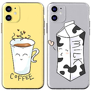 Toik Matching Couple Cases for Apple iPhone 11 Pro Xs Max Xr 10 X 8 Plus 7 6s 5s SE White Kawaii BFFs Milk Print Gift Slim Design Black Clear Lightweight TPU Boyfriend Soulmate Coffee Apple Cute