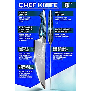 Dalstrong Chef Knife - 8 inch - Frost Fire Series Arctic Ocean - High-Chromium 10CR15MOV Stainless Steel Kitchen Knife - Sand Blasted Frosted - Ocean Teal Honeycomb Handle - Sheath - NSF Certified