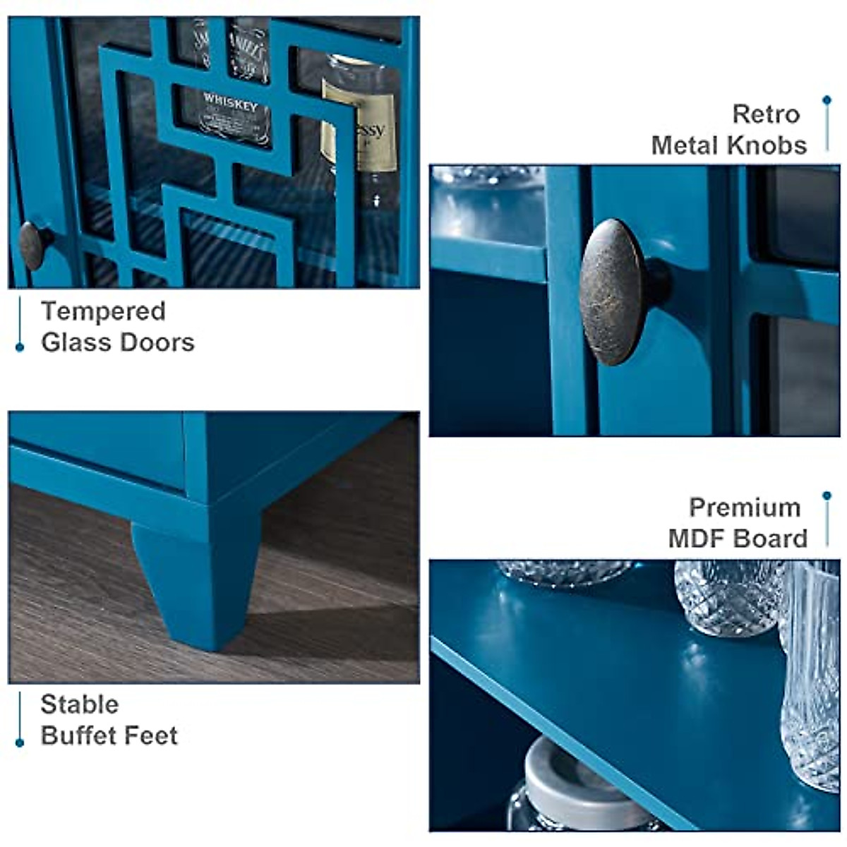 KIVENJAJA Buffet Cabinet with Storage, 60” Sideboard with 2 Glass Doors and Adjustable Shelves, Coffee Bar Table Credenza for Kitchen, Dining Room, Entryway, Living Room (Teal Blue)