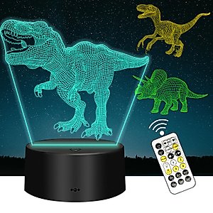 JURHHOEN 3D Dinosaur Night Light,3D Illusion Lamp 3-Pattern & 16 Colors Change Decor Nightlight with Remote Control for Living Bed Room Bar, Best Dinosaur Toys Gifts for Boys Girls (3 Packs)