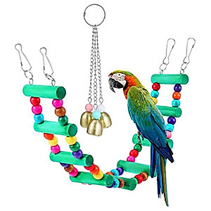 PATKAW 2Pcs Bird Parrot Ladder Toys Wooden Bird Climbing Ladder Bridge Bell Toy Colorful Cage Hanging Swing Chewing Toys for Budgerigar Parakeet Conure Cockatiel Mynah Love Birds