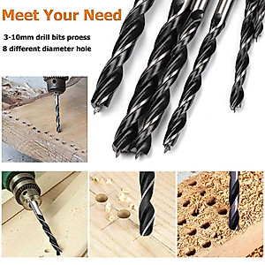 YUENTOEN Brad Point Drill Bit, 8Pcs Carbon Steel Sharp 3-10mm Spiral Twist Wood Drill Bits Set with Storage Bag Power Drill Accessories for Woodworking, Softwood