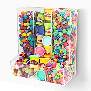SimplyImagine Acrylic Triple Divided Wall Toy Dispenser, Hanging Organizer and Storage Bin for Childrens Room - 3 Compartment Clear Holder for Blocks, Cars, Trains, Balls, Darts, Snacks and More
