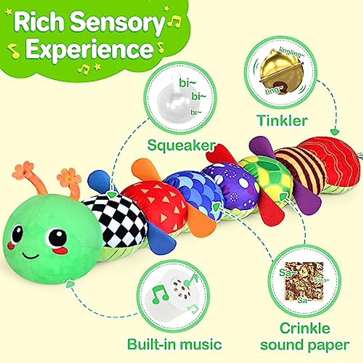 KMUYSL Baby Toys 0 to 12 Months, Musical Stuffed Animal Toys for 0-3-6-12 Months, Soft Sensory Toys with Crinkle and Rattles, Infant Tummy Time Toys for Newborn Boys Girls, Caterpillar, Green