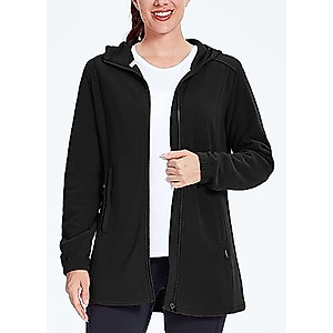 Willit Women's Long Fleece Jacket Full-Zip Thermal Fleece Hooded Jacket Lightweight Winter Coat Black L