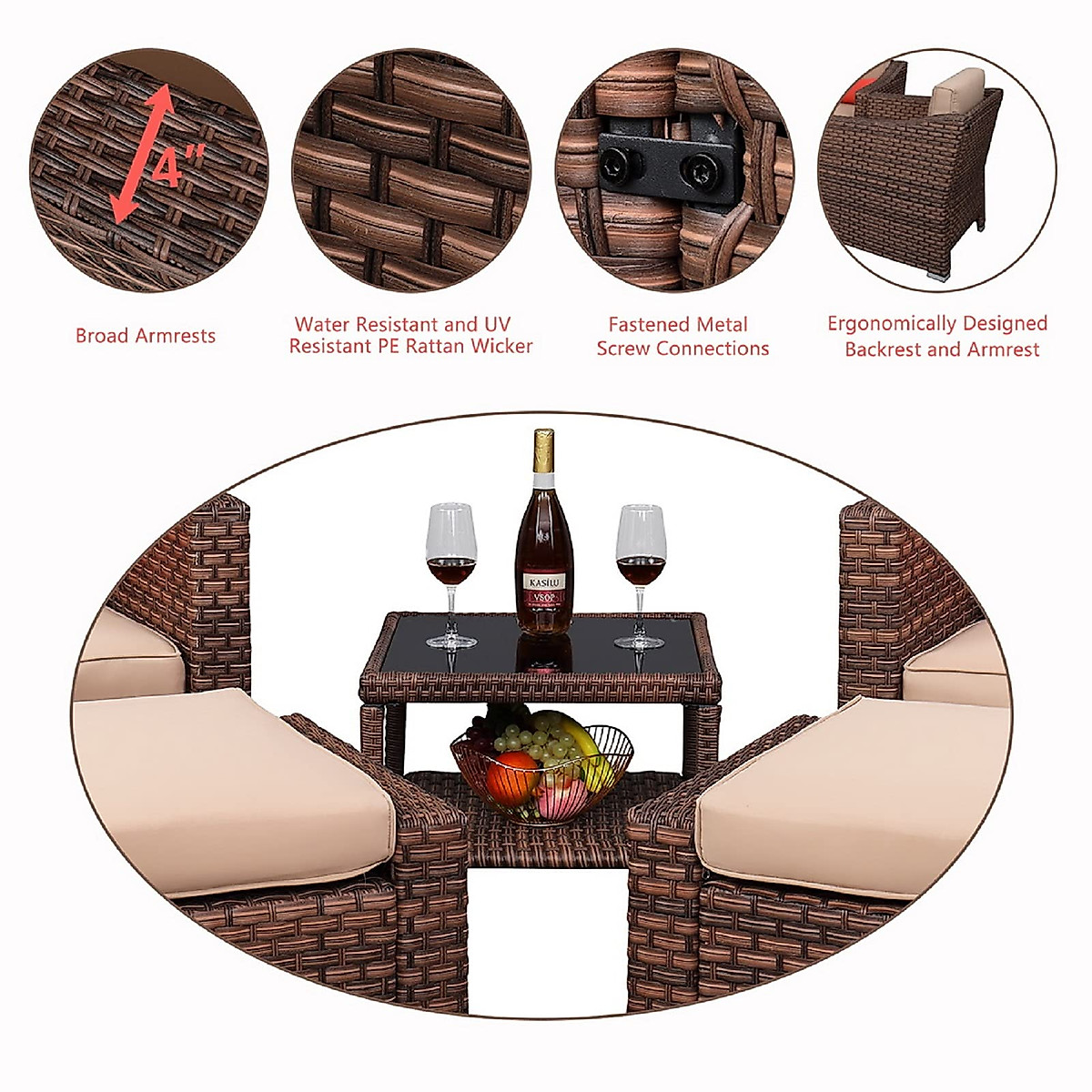 fuhan 5 PCS Outdoor Lounge Chair Chat Conversation Set - All-Weather PE Wicker Cushioned Patio Chairs Set of 2 with OttomansPillows & Double-Layer End Table, Brown, 74 x 67 x 76 cm