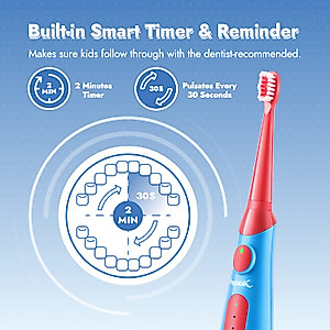 Papablic Kids Sonic Rechargeable Electric Toothbrush for Age 3+ with 4 Brush Heads, Cute Dino Cover, Timer, and Brushing Chart (Debby)