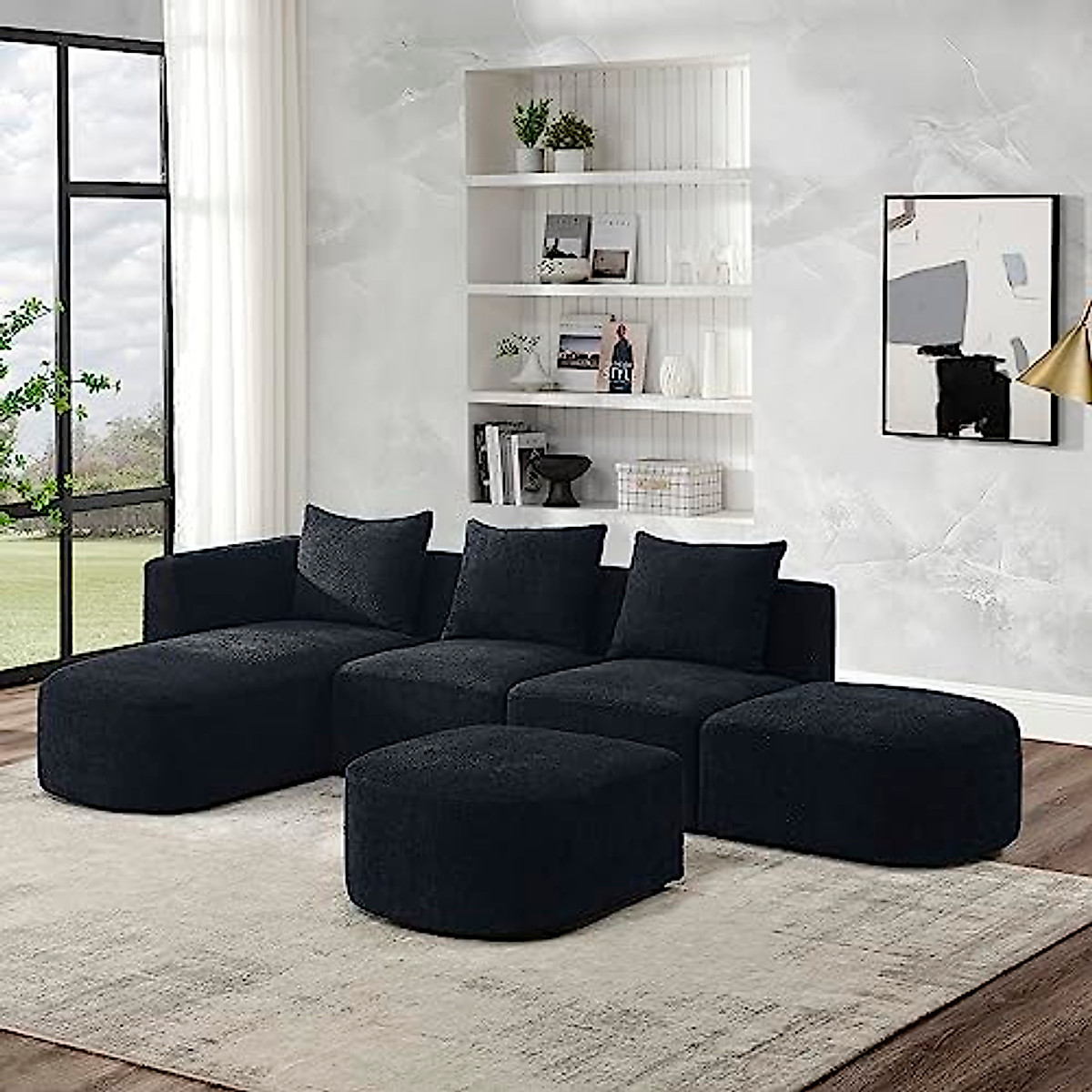 L-Shaped Stylish Comfy Sectional Sofa Couch with 2 Single Seats, Left Chaise and Movable Ottomans, Modern DIY Combination Convertible Modular Sofa&Couch Cloud Deep Seater Cozy Sofá for Living Room