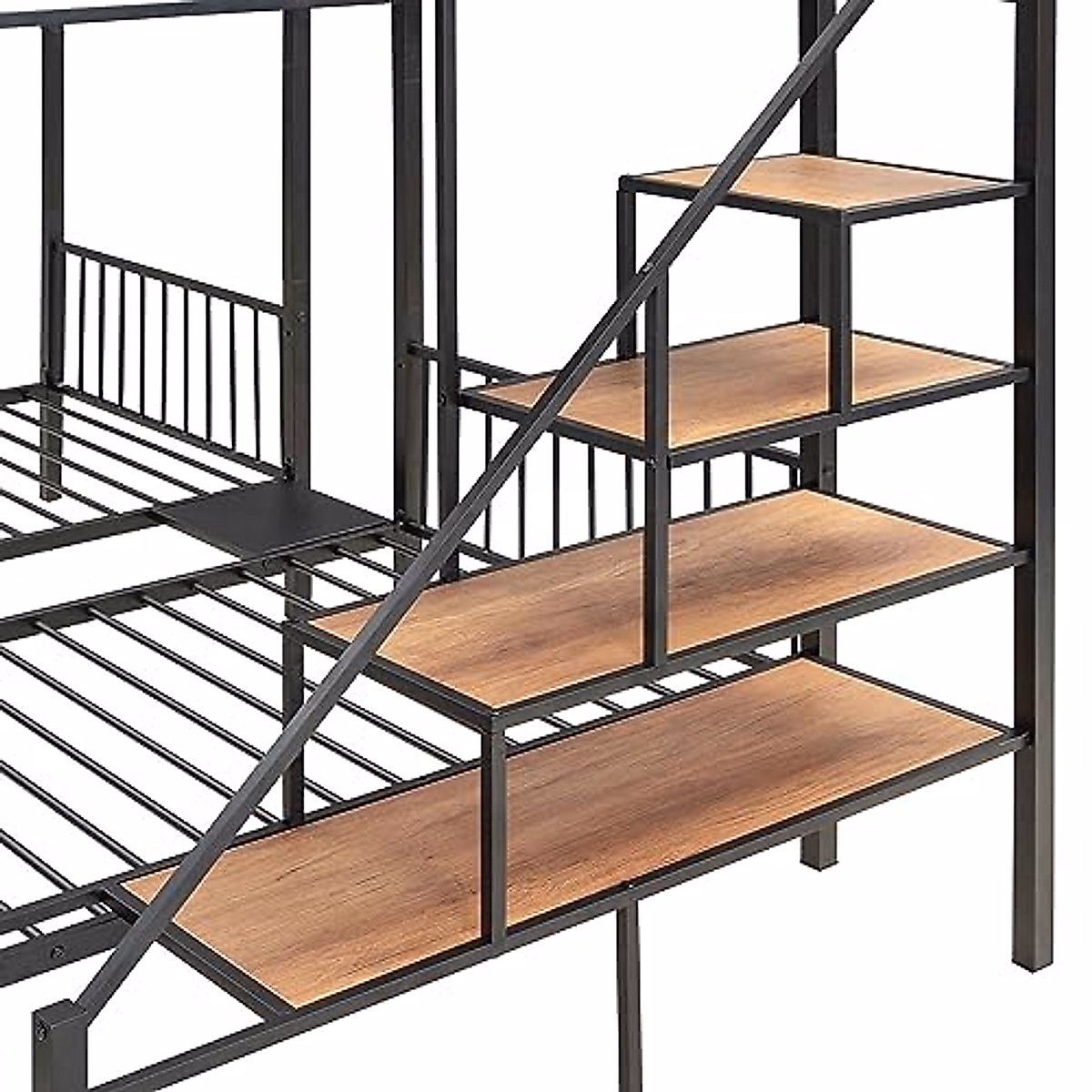ATY L-Shaped Triple Bunk Beds with 2 Drawers, Full Over Twin & Twin Bunkbeds w/Storage Staircase, Metal Bedframe for 3 People, Save Space, Bedroom & Dorm Supplies, No Spring Required Needed, Black
