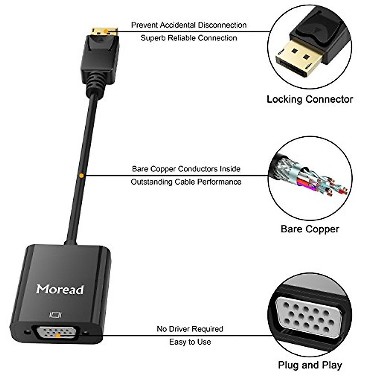 Moread DisplayPort (DP) to VGA Adapter, Gold-Plated Display Port to VGA Adapter (Male to Female) Compatible with Computer, Desktop, Laptop, PC, Monitor, Projector, HDTV - Black