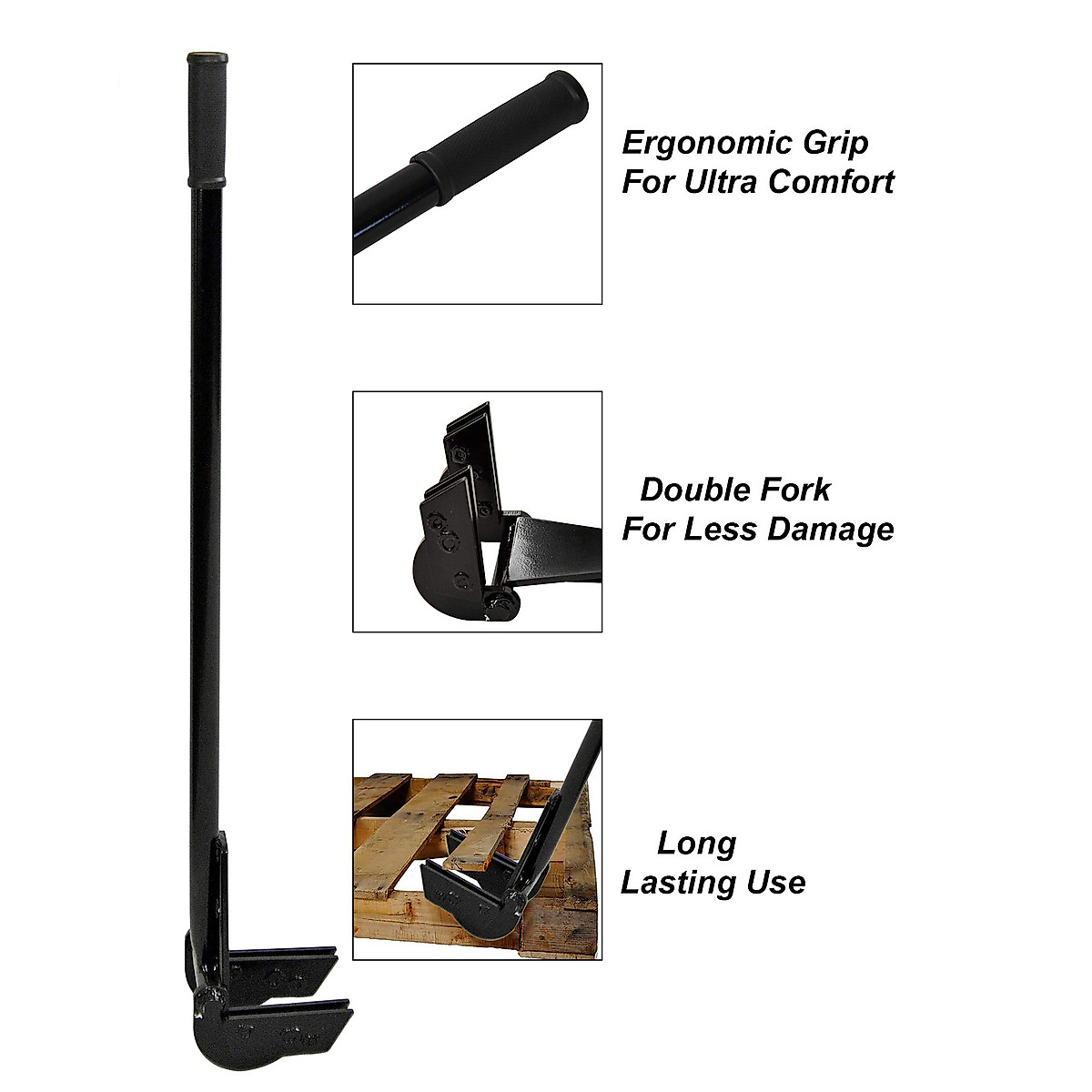 HOME-X Heavy-Duty Pallet Buster with Rotating Head, 45-Inch Powder-Coated Steel with Rubber Handle, No Assembly Required, 45" L x 6" W x 1 ¼ " H, Black