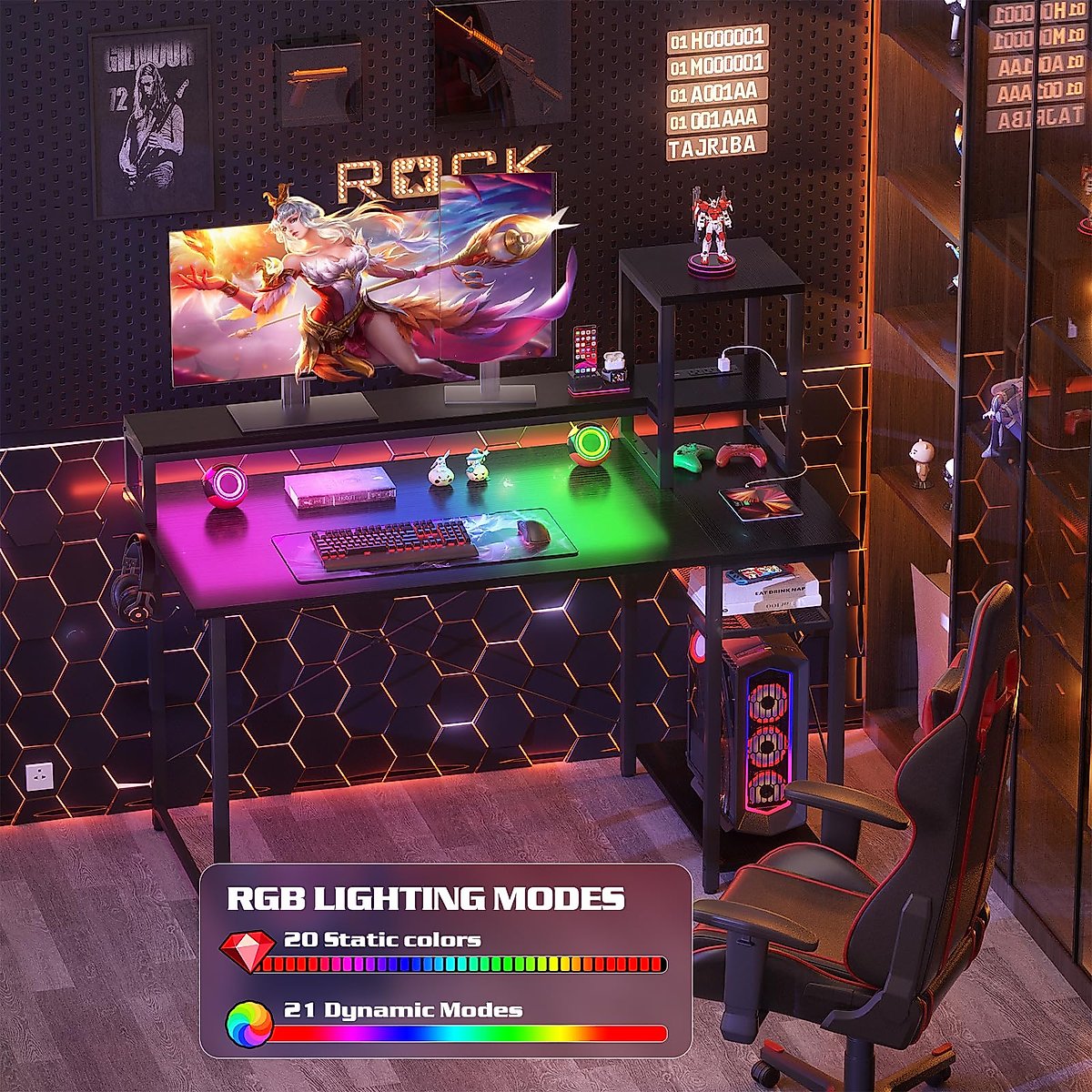 armocity 2024 Upgrade Gaming Desk with LED Lights, Small Computer Desk with Long Monitor Stand, 40'' Reversible Laptop Table with Storage Shelves, Small Desk for Small Spaces, Gaming Room, Black