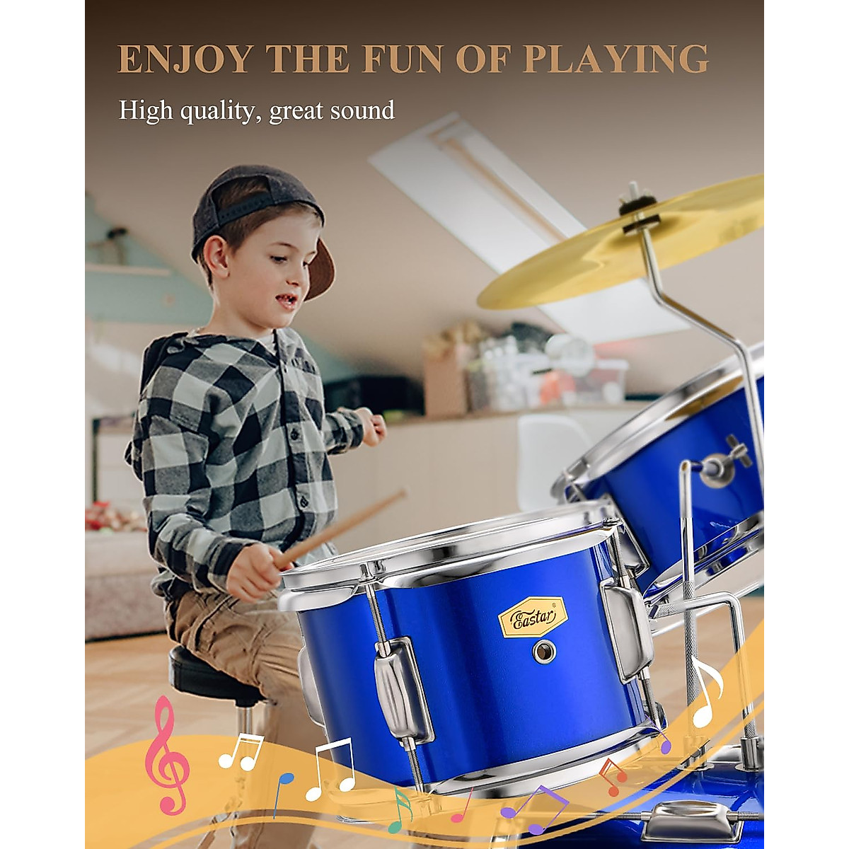 Drum Set Eastar 14 '' Drum Kit for Kids Beginners, 3-Piece with Adjustable Throne, Cymbal, Pedal & 2 Pairs of Drumsticks, Junior Drum Set with Bass Tom Snare Drum, Mirror Blue