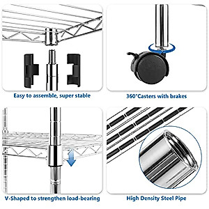 BATHWA 5-Shelf Wire Shelving Units, Sturdy Metal Shelf Chrome Organizer Wire Rack with 360° Wheels, Adjustable Utility Storage Shelves for Garage, Kitchen, Living Room, Bathroom, 23.2L x 13.8W x 72H