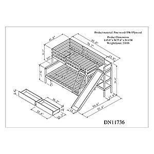 GLORHOME Twin Over Full Bunk Bed,Wooden Bunk Bed, Bunk Bed with Drawers,Slide,Grey