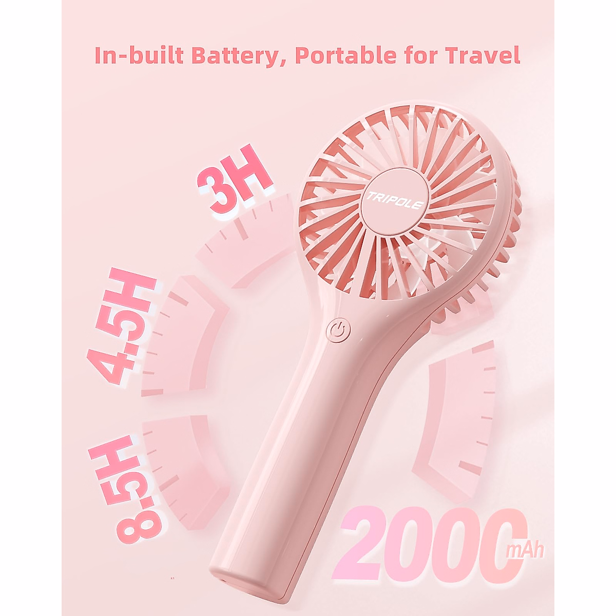 TriPole Portable Fan Handheld Fan Mini Personal Fan 3 Speeds, Powerful Little Battery Hand Held Fan for Travel Trip Outdoor Concerts, Cute Small Rechargeable Lash Fan for Makeup Skincare Drying, Pink