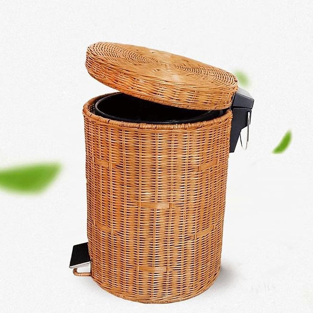 Wicker Trash Can with Lid Bathroom, Removable Liner Bucket Wastebasket, Slow Down Silent Pedal Garbage Bin with Lid, Round Rattan Garbage Can Trash Bin for Bathroom Living Room Kitchen ( Color : Yello