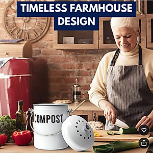 Granrosi Compost Bin Kitchen, Kitchen Compost Bin Countertop, Indoor Compost Bin, Countertop Compost Bin with Lid, 100% Rust Proof Compost Bucket w/ Non-Smell Charcoal Filters, 1.3 Gallon - White