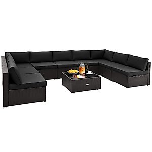 Tangkula 10 Piece Patio Sofa Set, Patiojoy Outdoor Wicker Conversation Set with Seat & Back Cushions, Tempered Glass Tabletop, Sofa Fastener Clips Included, Rattan Furniture Set for Backyard, Poolside