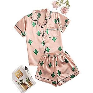 SweatyRocks Women's Short Sleeve Sleepwear Button Down Satin 2 Piece Pajama Set Pink Small