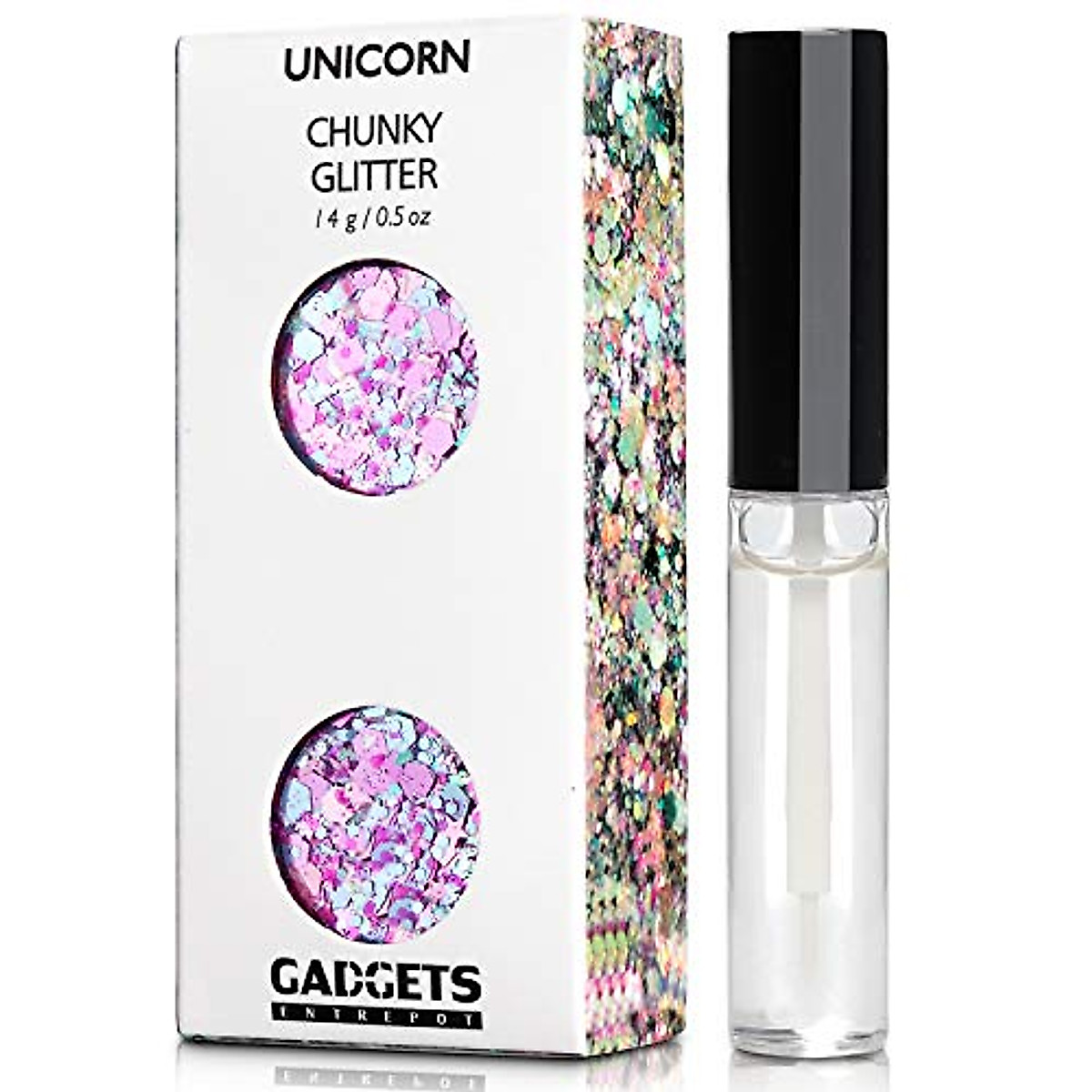 Unicorn Iridescent Holographic Chunky Glitter Cosmetic Body Hair Face Eye Nail for Festival Carnival Concert Party Beauty Rave Accessories Different Shapes 2 Pots 14g/0.5oz+ Quick Dry Primer Glue Gel