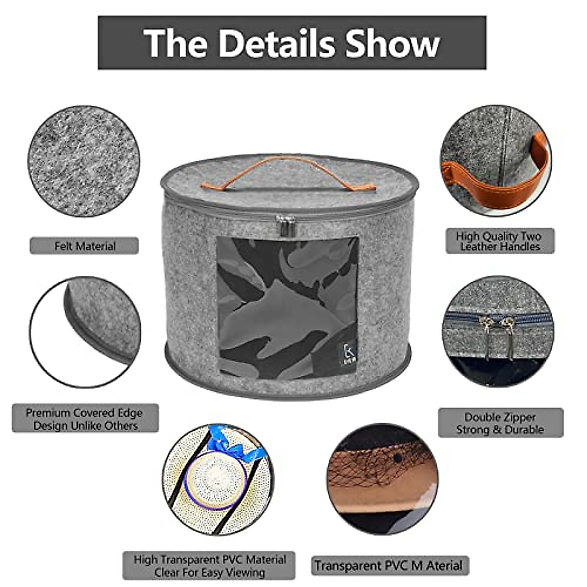 EVEKEI Hat Storage Boxes for Women and Men Hat Storage with Lid, Large Foldable Round Travel Hat boxes, Cowboy Hat Box, Bandboxes Fedora Felt Big Hat Storage Box, Hat Box for Men Large Round, Hat Organizer Hat Box for Travel 17" x 11" Inch Gray