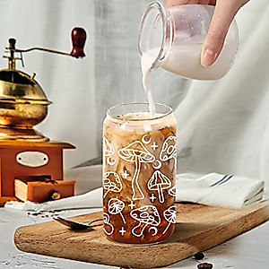 Lvoetgif Mushroom Iced Coffee Glasses with Bamboo Lids and Straw, Cute Mushroom Drinking Beer Can Shaped Cup, Aesthetic Birthday Gifts for Mushroom Lovers Women Mom Best friend wife