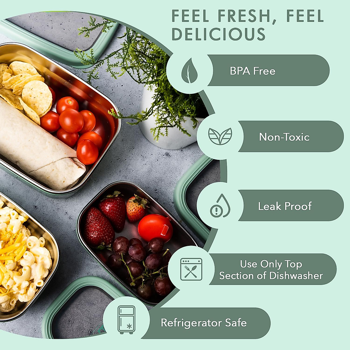 Easy Togo 3 Pack Stainless Steel Food Containers with Silicon Lid & Non-Slip Exterior, LeakProof, Airtight Rectangular Portion Control Storage Lunch Box, Togo Lunch Containers for Adults - Green