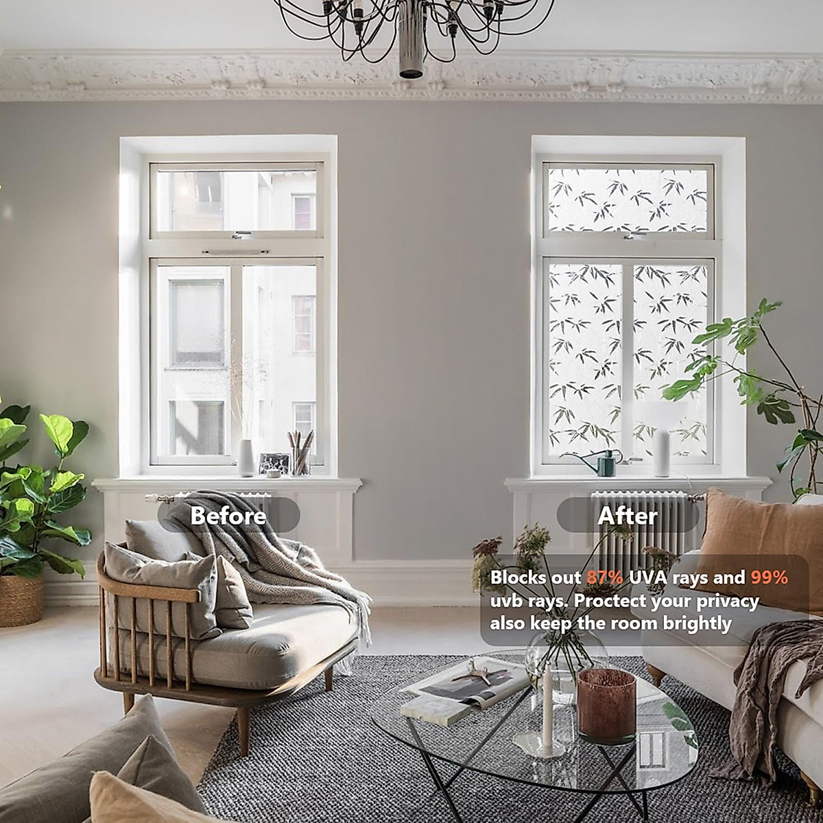 LEMON CLOUD Bamboo Window Film Frosted Glass Privacy Window Stickers Decorative Window Covering Static Cling No Glue Removable Window Decals for Home(23.6 x 78.7 Inch)