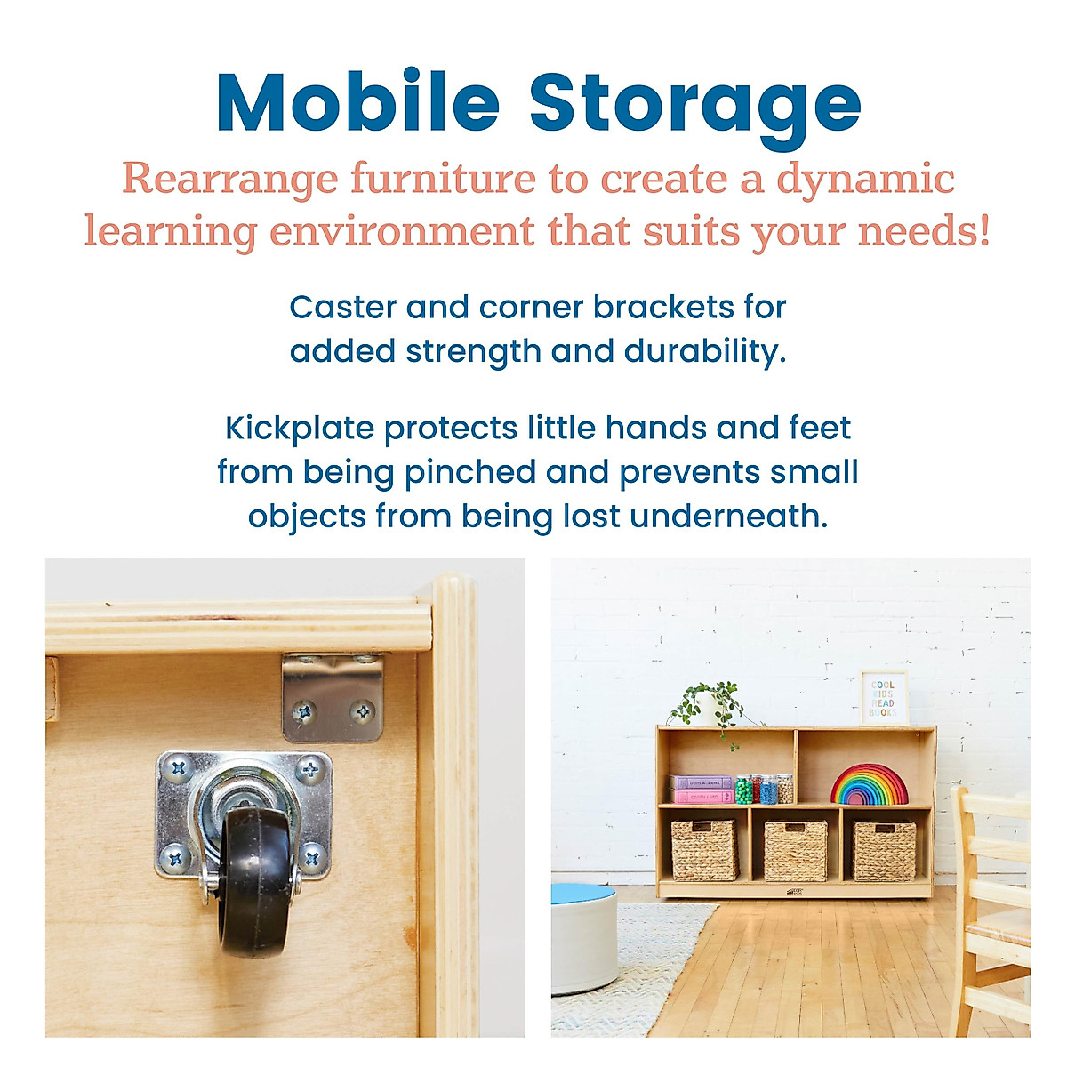 ECR4Kids - ELR-0420 Birch 5-Section School Classroom Storage Cabinet with Casters, Natural, 30" H