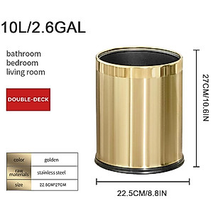 LEASYLIFE 2.6Gallon/10L，Brass Gold Bathroom Trash Can，Gold Bathroom Waste Baskets，Golden Small Garbage Can,Gold Waste Basket for Bedroom,Office，Store，Metal Trash bin Without lid (Gold)