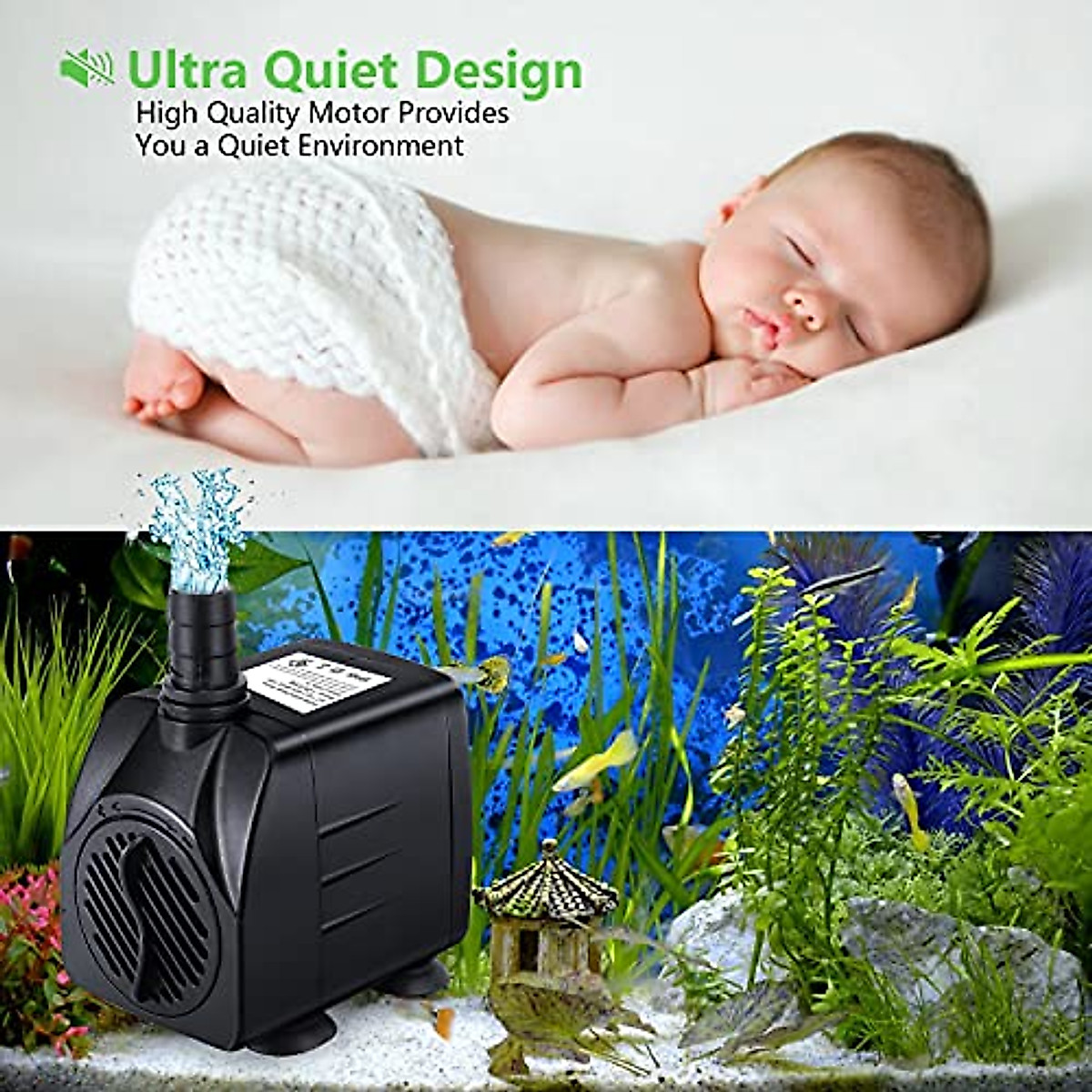 YDDHHB Submersible Pump, 130GPH(10W 500L/H) Fountain Water Pump, Compact Fountain Pump with 6.5ft Power Cord, 3 Nozzles for Fish Tank, Pond, Aquarium, Hydroponics (130GPH)