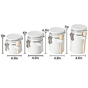 Canister Sets For The Kitchen (4 Piece Set) White, High Gloss Ceramic | By Home Basics | Decorative Kitchen Set | With Wooden Spoons, Countertop Set For Flour, Sugar, Coffee, and Snacks