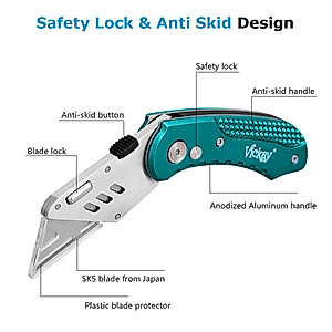 Vickay Box Cutter Knife Utility Knife with 5 SK5 Quick Change Blades, Safety Axis Lock Design Razor Knife, Lightweight Aluminum Body Belt Clip for Office