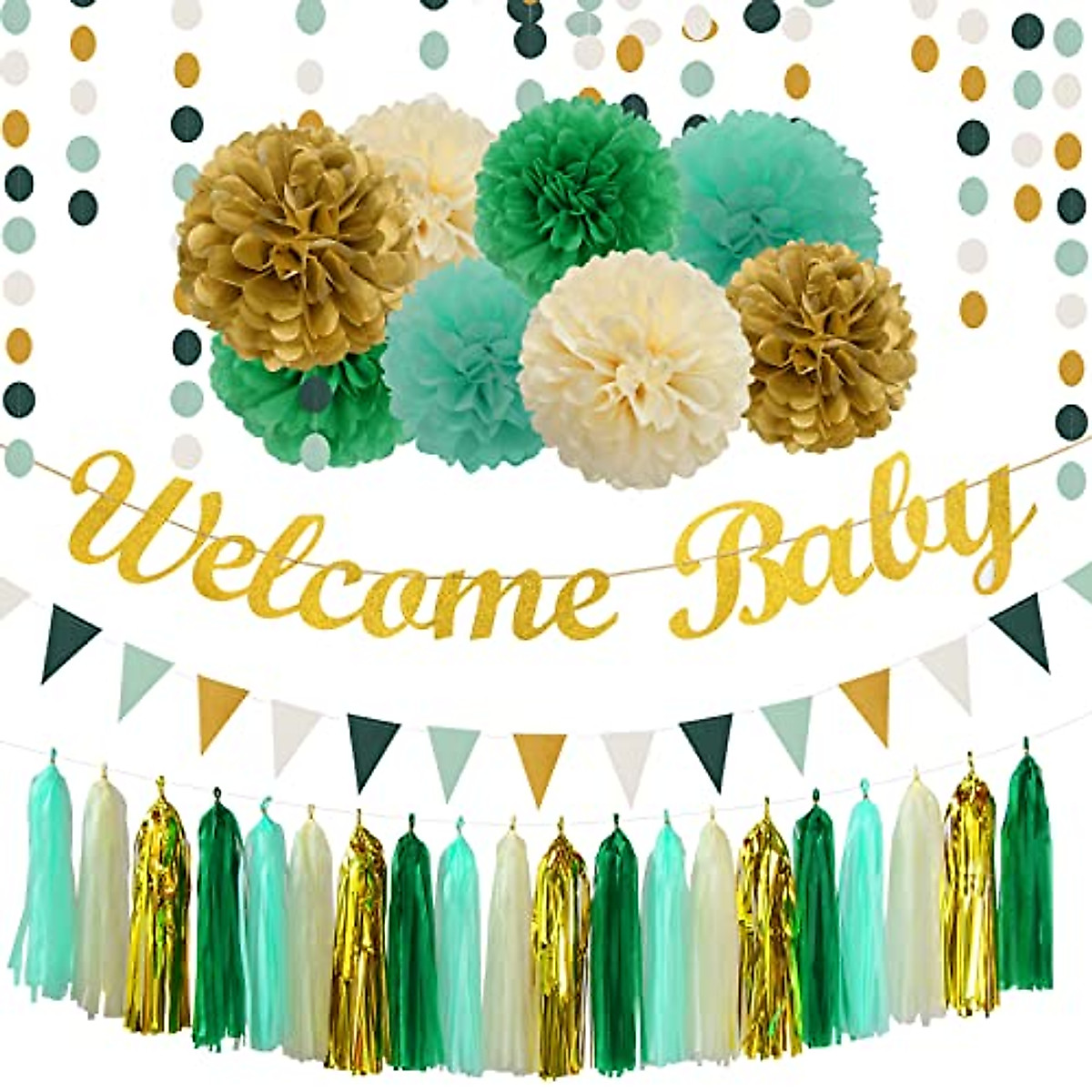 Sage-Green Beige-Gold Baby Shower Party-Decorations - 31pcs Kits Gender Neutral Boy Girl Welcome Baby Banner Flags,Tissue Paper Pom Poms,Tassel Streamers Garland Birthday Decor Panduola