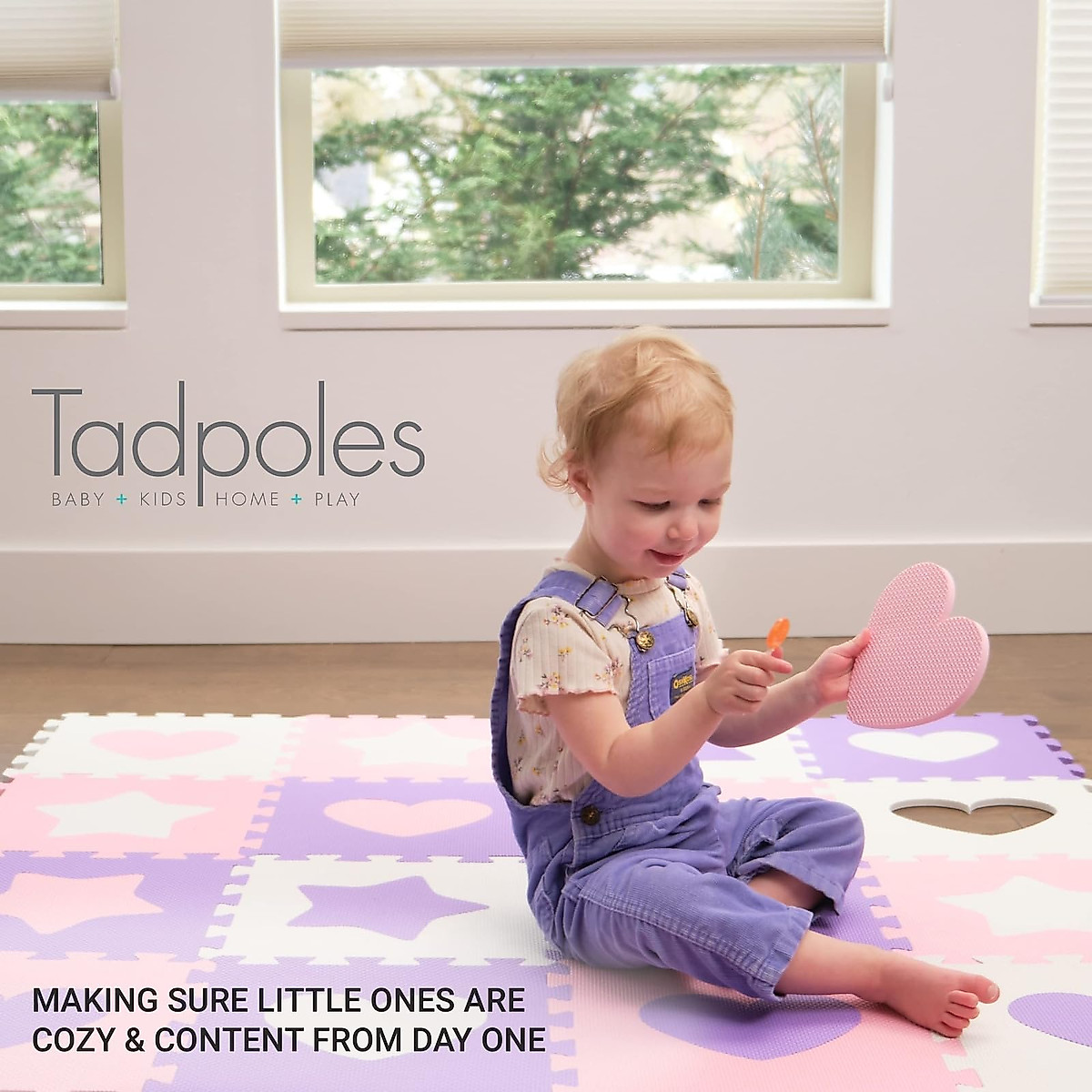 Tadpoles Hearts and Stars Foam Playmats for Kids, 16 Interlocking Foam Tiles, Waterproof, Durable, and Long-lasting | Total Floor Coverage 50” x 50” | For Ages 3 and Up | Pink, Purple, and White