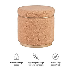 Linon Lexington Tan Sherpa Round Storage Ottoman with Wood Accent