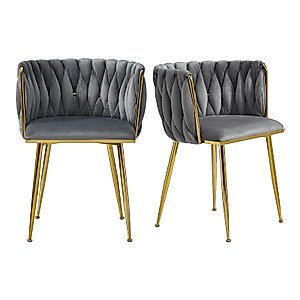 TXFTRR Velvet Dining Chairs Set of 2, Velvet Dining Chair with Woven Hollow Backrest Design, Modern Dining Chair Set with Gold Metal Legs, Upholstered Velvet Chairs for Dining Room, Living Room