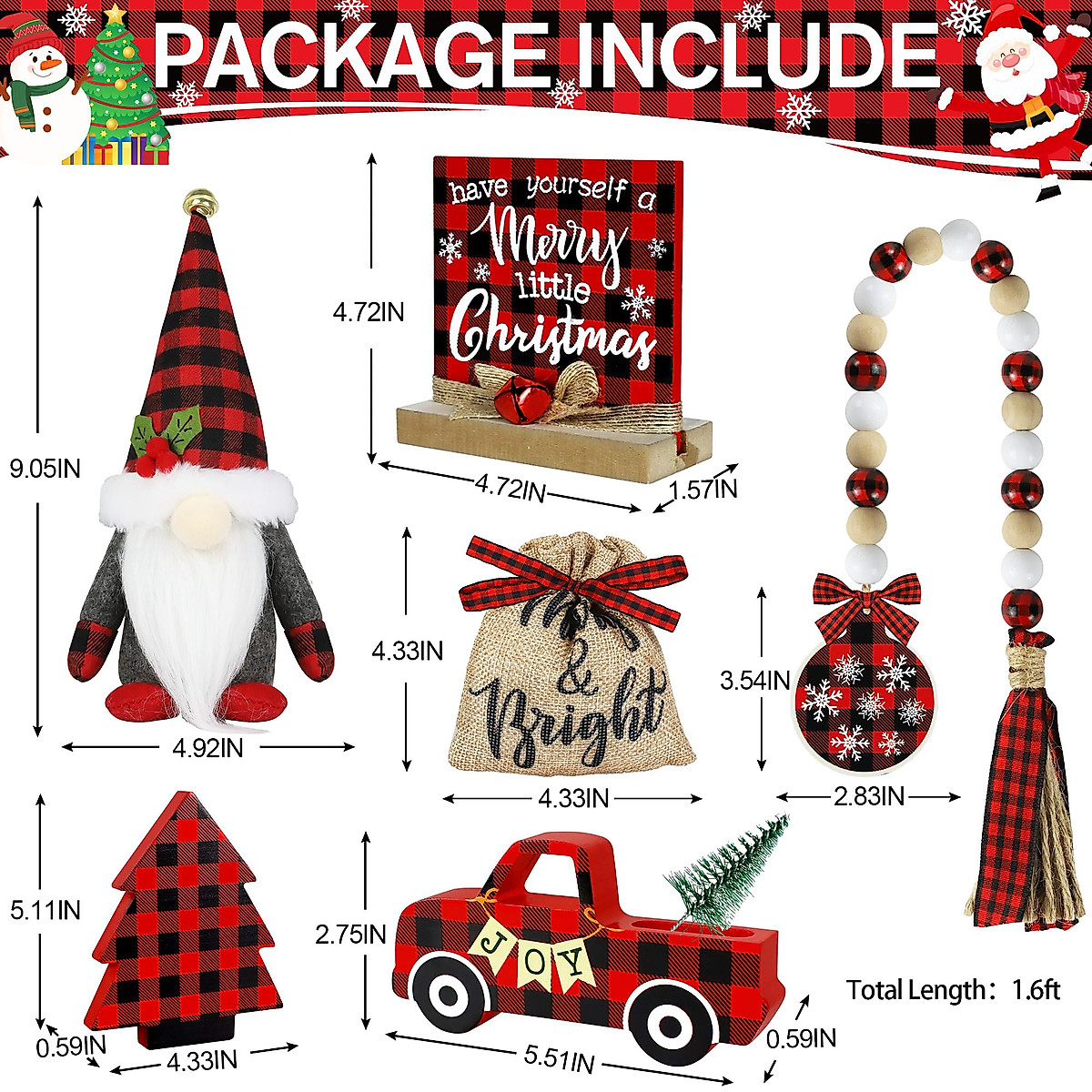 Christmas Tiered Tray Decor Set - Christmas Decorations Indoor, Rustic Farmhouse Wood Bead Garland Buffalo Plaid Gnome Christmas Wooden Sign for Home Kitchen Table Mantel Party Decor