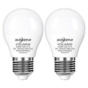 SHINESTAR 2-Pack Refrigerator Light Bulb, 5 Watt (40W Equivalent), Waterproof A15 LED Bulb, Non-dimmable Appliance Bulbs with E26 Base, 5000K Daylight