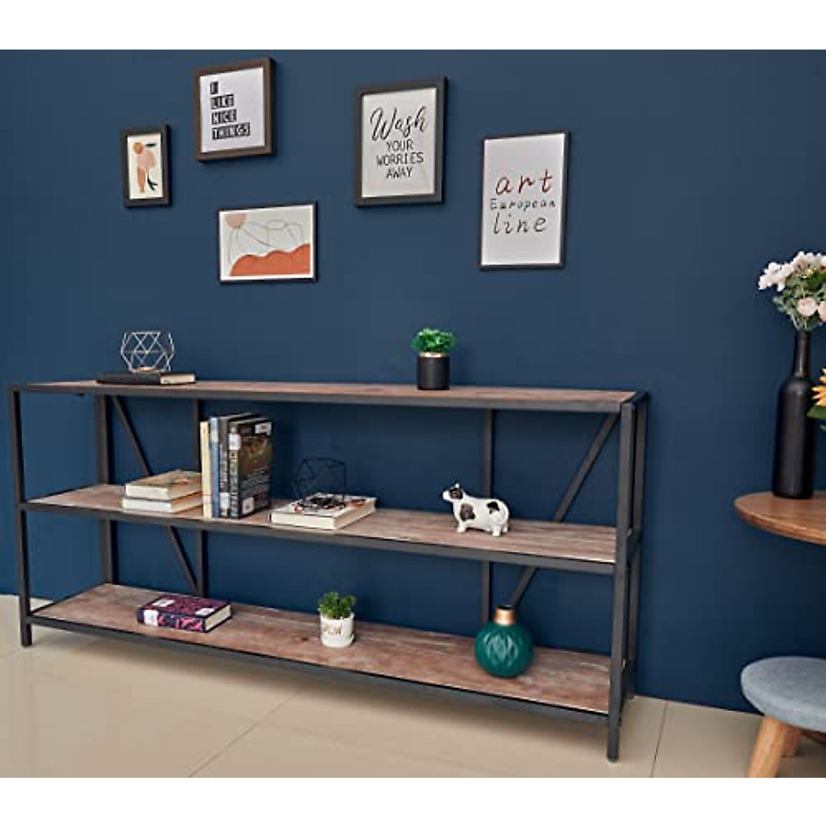 Industrial Bookshelf 3 Shelf Bookcase,Rustic Farmhouse Book Shelves,Solid Wood Three Tier Open Bookcase ,Industrial Wood and Black Metal Bookshelves, Industrial Bookshelf for Living Room Home Office