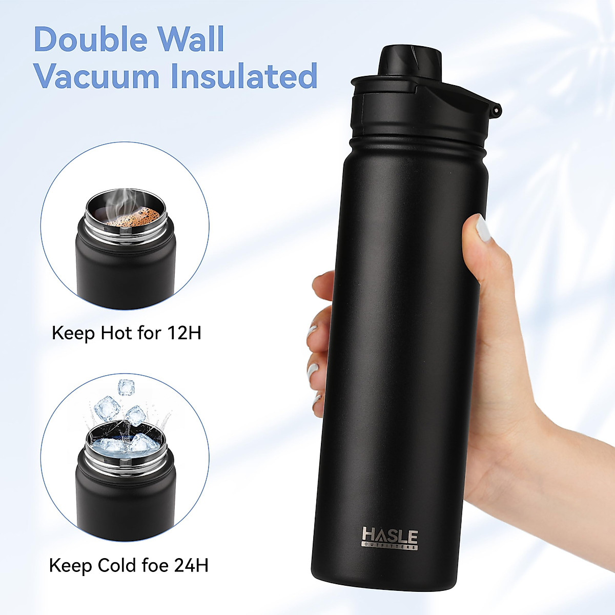 HASLE OUTFITTERS Insulated Water Bottle 22 oz Double Wall Stainless Steel Water Bottle Wide Mouth with Straw Lid & Spout Lid Keeps Cold or Hot(Black,8)