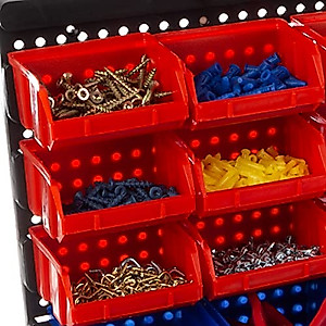 Wall-Mounted Garage Storage Bins - 30 Compartments for Garage Organization, Craft Supply Storage, Tool Box Organizer Unit by Stalwart (Red/Blue)