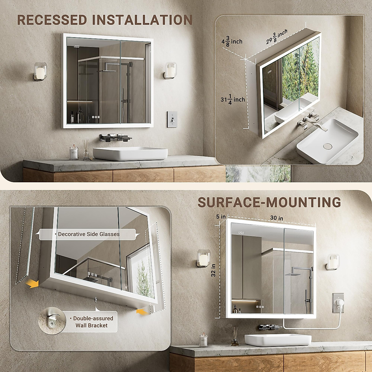 QueenFun 30x32 LED Medicine Cabinet with Mirror, Surface or Recessed Lighted Medicine Cabinet with Mirror, Dimmable Fogless Aluminum Medicine Cabinet with Outlet, Time Display& Built-in Sensing Light
