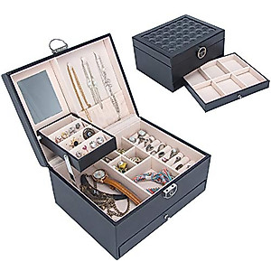 Jewelry Box Organizer Three-Layers Leather Jewelry Display Case Retro Lock Mirror (Three-Layers, Black)