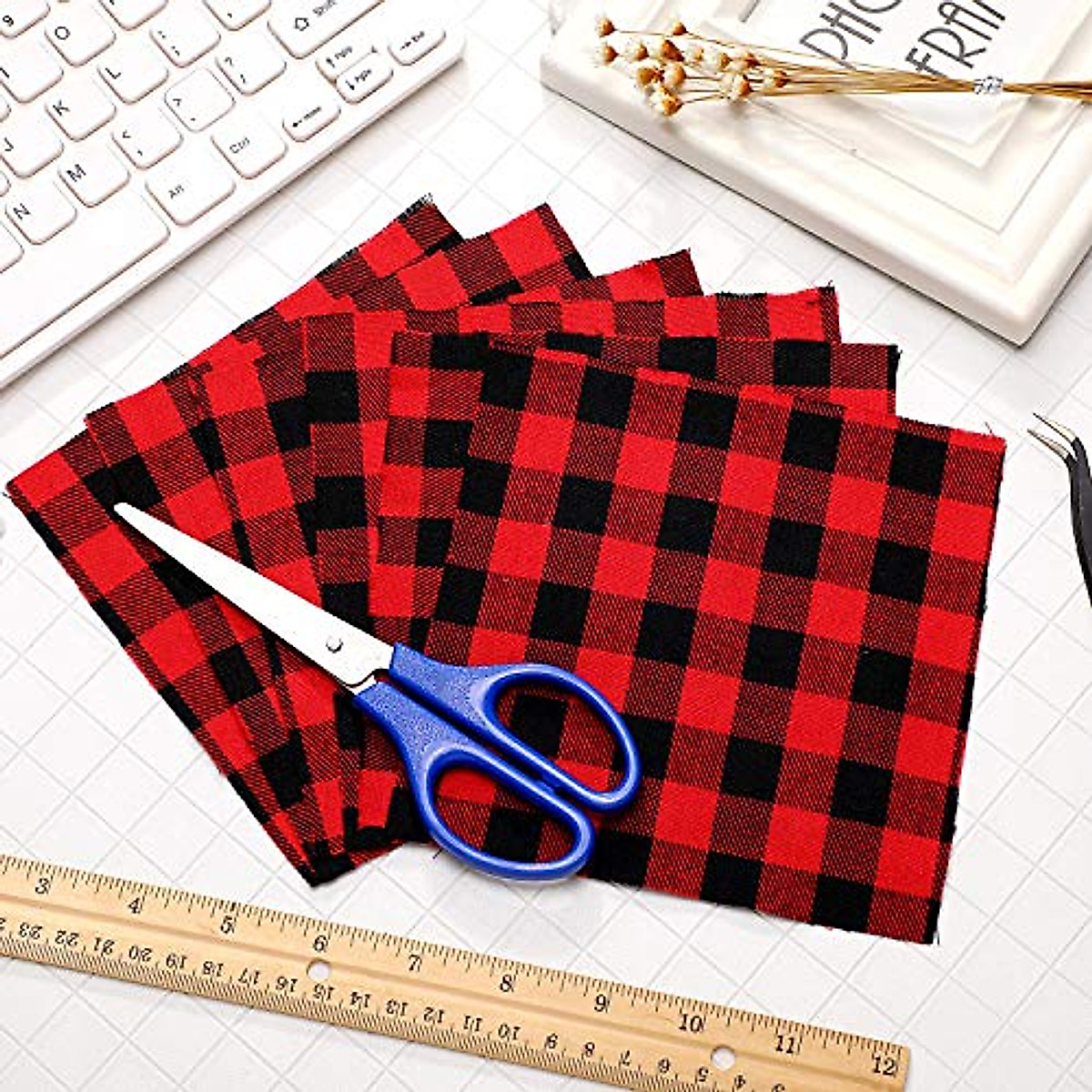 80 Pieces Plaid Fabric Buffalo Checks Plaid Christmas Fabric Plaid Fabric Squares Checkered Gingham Buffalo Check, 6 x 6 Inch for Sewing DIY Craft Home Festival Holiday Decoration (Red-Black)